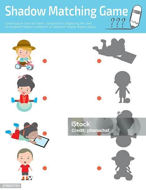 아이들을위한 그림자 매칭 게임 아이를위한 비주얼 게임 Qualification Round에 대한 스톡 벡터 아트 및 기타 이미지