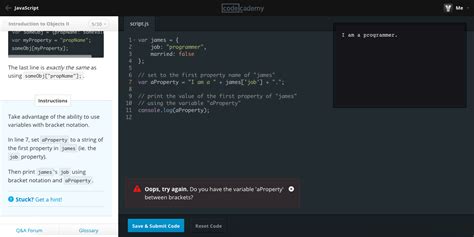 Javascript Js Exercise On Codecademy Not Working Accessing Object Data With Bracket Notation