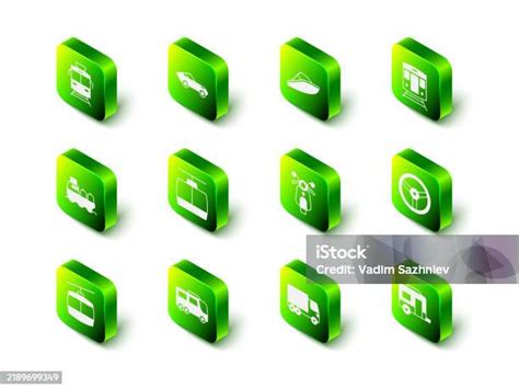 자동차 스피드 보트 기차 및 철도 스티어링 휠 Rv 캠핑 트레일러 스쿠터 배달화물 트럭 및 버스 아이콘을 설정합니다 벡터 3차원 형태에 대한 스톡 벡터 아트 및 기타 이미지