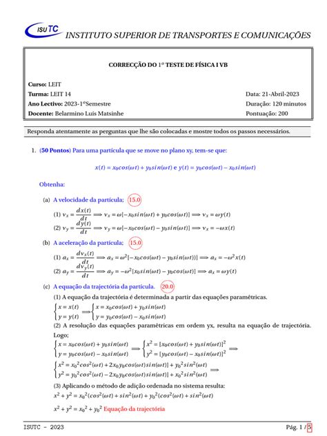 Teste Isutc Guião Vb 1 Pdf Velocidade Equações