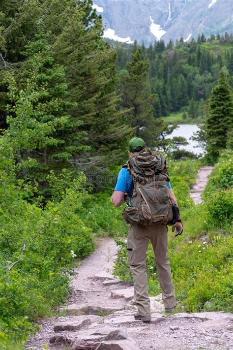 Fit Male Hiker Walks Along The Swiftcurrent Pass Trail In Glacier