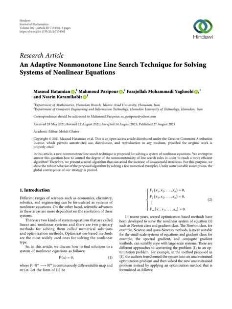 Pdf An Adaptive Nonmonotone Line Search Technique For Solving Systems Of Nonlinear Equations