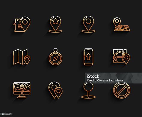 위치 지도 핀 포인터 하우스 푸시 정지 표시 나침반 접힌 마커 및 도시 탐색 아이콘의 인포 그래픽으로 라인 모니터 및 접힌지도를 설정합니다 벡터 거리에 대한 스톡 벡터 아트