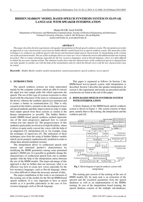 Pdf Hidden Markov Model Based Speech Synthesis System In Slovak Language With Speaker
