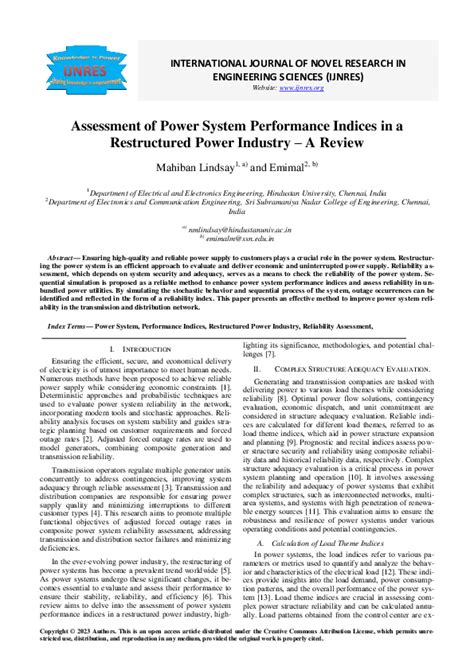 Pdf Assessment Of Power System Performance Indices In A Restructured Power Industry A Review