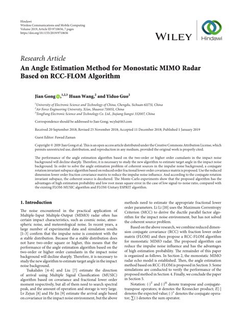 Pdf An Angle Estimation Method For Monostatic Mimo Radar Based On Rcc Flom Algorithm
