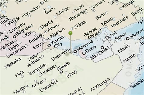 Green Pin Needle Into Dammam City Of Saudi Arabia Political Map Stock