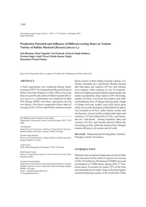 Pdf Production Potential And Influence Of Different Sowing Dates On Various Variety Of Indian