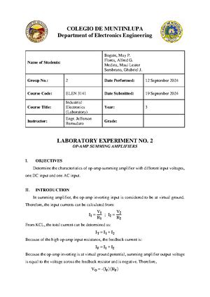I E Ex 1 Lab Report COLEGIO DE MUNTINLUPA Department Of Electronics Engineering