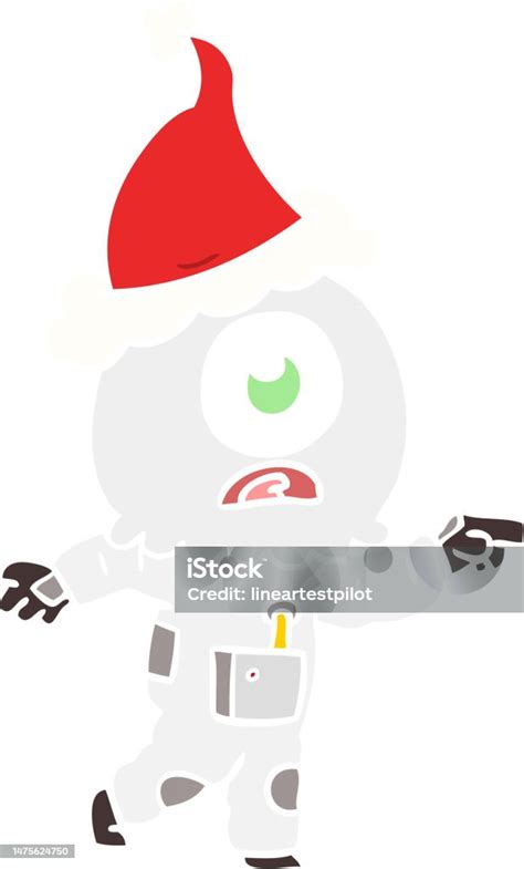 산타 모자를 쓰고 가리키는 사이클롭스 외계인 우주인의 손으로 그린 평면 컬러 그림 가리키기에 대한 스톡 벡터 아트 및 기타 이미지 가리키기 귀여운 낙서 드로잉