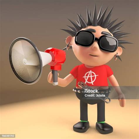 메가 폰 라우드 하일러 3d 일러스트를 사용하여 재미있는 만화 펑크 로커 캐릭터 3차원 형태에 대한 스톡 사진 및 기타 이미지
