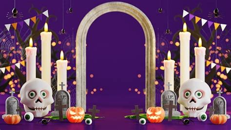 호박 십자가 두개골 촛불 사탕 기브 박스 배경에 무덤이 있는 할로윈 배너를 위한 3d 렌더링 일러스트레이션 디자인 10월에 대한 스톡 사진 및 기타 이미지 Istock