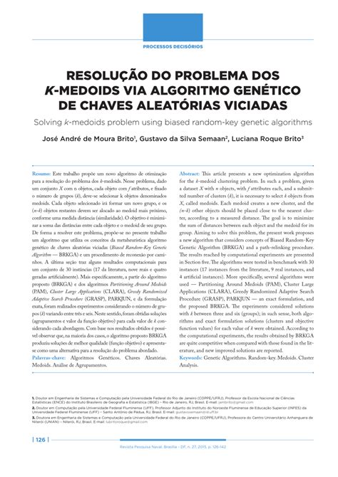 Pdf ResoluÇÃo Do Problema Dos K Medoids Via Algoritmo GenÉtico De Chaves AleatÓrias Viciadas