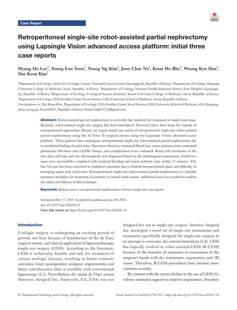 Pdf Retroperitoneal Single Site Robot Assisted Partial Nephrectomy Using Lapsingle Vision
