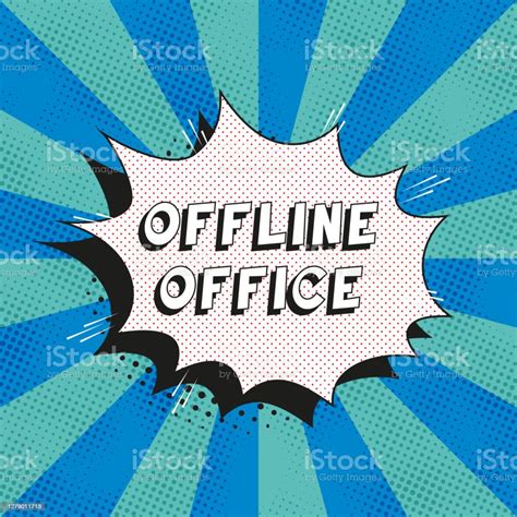 하프톤이 있는 복고풍 만화 스피치 버블의 오프라인 오피스라는 문구는 방사형 라인이 있는 배경에 그림자를 흩어져 있습니다 빈티지