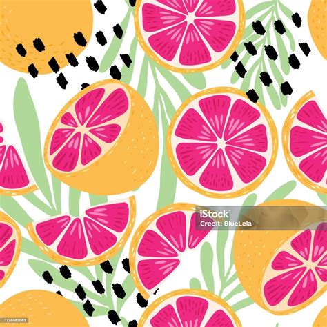 과일 원활한 패턴 열대 잎과 흰색 배경에 추상적 인 요소와 자몽 여름 의 활기찬 디자인 이국적인 열대 과일입니다 다채로운 벡터 일러스트레이션 과일에 대한 스톡 벡터 아트 및