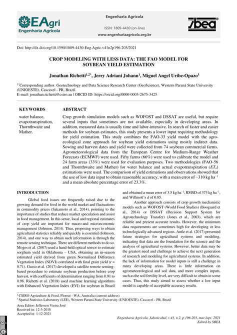 Pdf Crop Modeling With Less Data The Fao Model For Soybean Yield