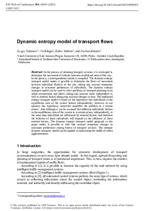 Pdf Dynamic Entropy Model Of Transport Flows Sergey Yekimov