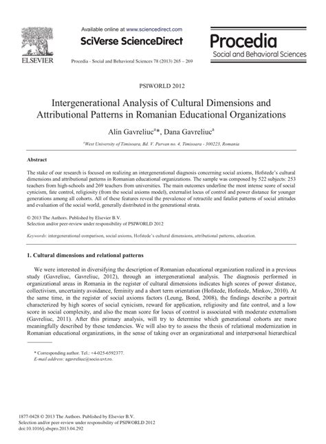Pdf Intergenerational Analysis Of Cultural Dimensions And Attributional Patterns In Romanian
