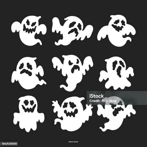 천 유령의 집합입니다 플라잉 팬텀 할로윈 무서운 유령 괴물 귀여운 만화 으스스한 캐릭터 홀리데이 실루엣 손으로 트렌디한 벡터 그림을 그렸습니다 10월에 대한 스톡 벡터 아트