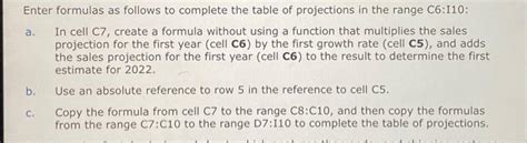 Solved Enter Formulas As Follows To Complete The Table Of