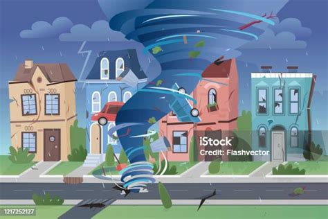 강력한 강력한 토네이도 허리케인작은 마을 건물을 파괴 자연 재해 소용돌이 소용돌이 손상 도시와 자동차 벡터 그림 폭풍에 대한 스톡 벡터 아트 및 기타 이미지 Istock