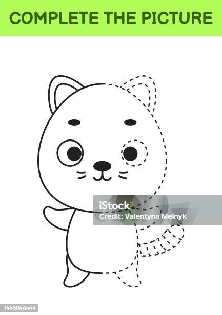 귀여운 고양이의 완전한 그려진 그림 색칠 공부 도트 카피 게임 필기 연습 그리기 기술 훈련 인쇄 가능한 워크시트를 개발하는 교육 활동 페이지 벡터 그림 건강 검진에 대한
