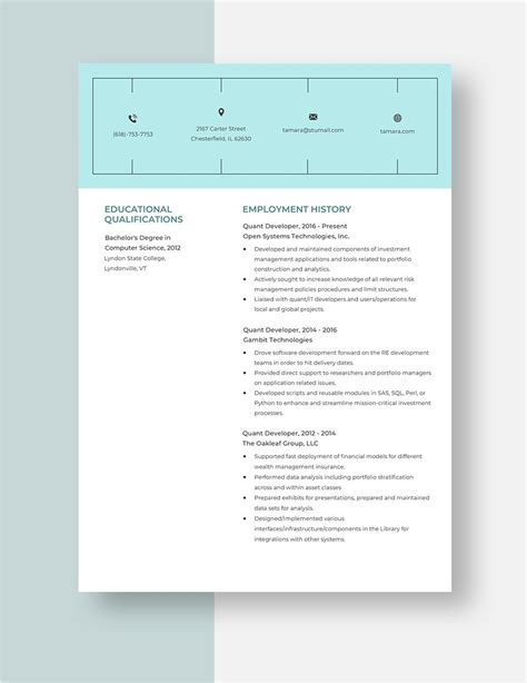 Quant Developer Resume In Word Pages Download