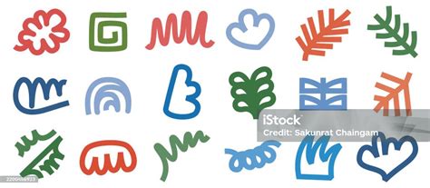 낙서 예술 벡터 그림 그래픽 배경 디자인을 위한 다양한 기하학적 모양 나뭇잎 모양 파형 곡선 물결 모양 및 독립적이고 재미있고 창의적인 장식 기호의 구성 0명에 대한 스톡