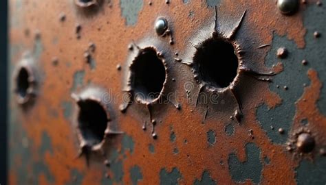 Close View Of Rusted Metal Surface With Multiple Bullet Holes Jagged