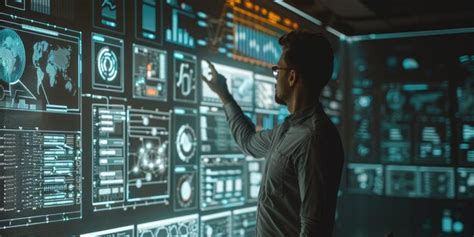 Man Interacting With Futuristic Touchscreen Interface In Modern Hightech Environment Aig62