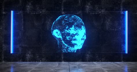 홀로그램 블루와 미래의 공상 과학 룸 라이트 총 인간의 머리 홀로그램으로 밝은 유리 3 차원 렌더링 강철에 대한 스톡 사진 및 기타 이미지 Istock