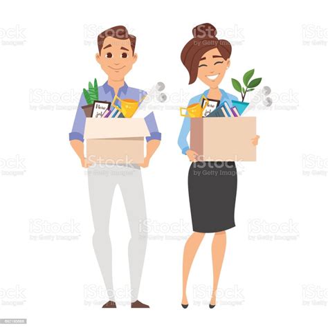 성공적인 웃는 비즈니스 여자와 사업가 일 물건 골 판지 상자를 들고 새로운에 대한 스톡 벡터 아트 및 기타 이미지 새로운 직원 객실 있음 Istock