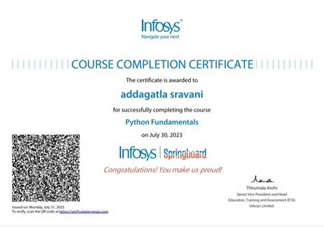 Python Fundamentals Course Completion Certificate Sravani Addagatla