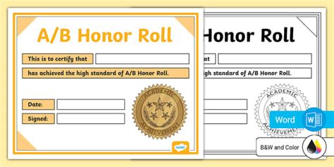 Editable Ab Honor Roll Certificate