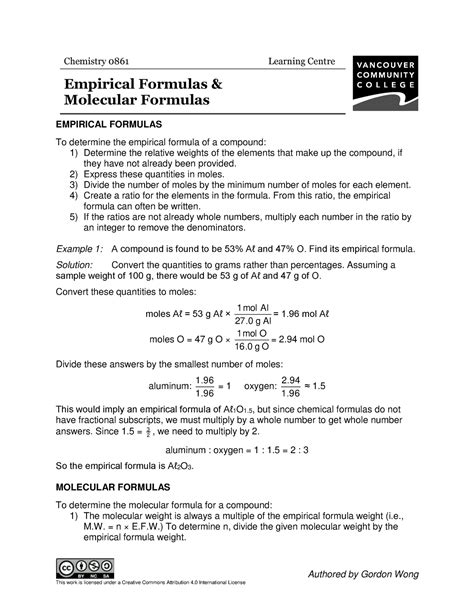 Chem0861 Empirical Formulas And Molecular Formulas Authored By Gordon Wong Chemistry 0861