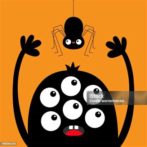 몬스터 헤드 블랙 실루엣 여섯 눈 치아 혀 손을 위로 매달려 거미 귀여운 가와이이 만화 재미있는 캐릭터입니다 아기 아이