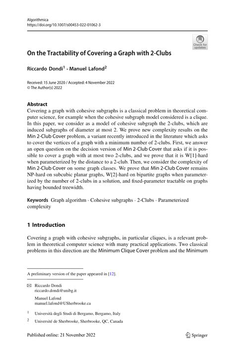 Pdf On The Tractability Of Covering A Graph With 2 Clubs