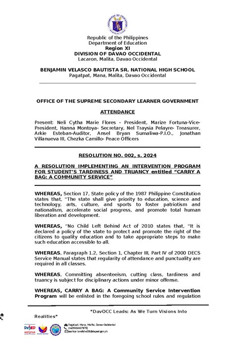 Sslg Resolution Department Of Education Region Xi Division Of Davao