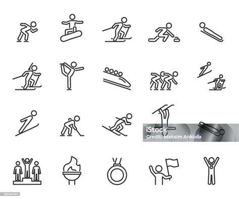 겨울 스포츠 라인 아이콘의 벡터 세트입니다 아이콘 스피드 스케이팅 피겨 스케이팅 스노우 보드 알파인 스키 바이애슬론 컬링 하키