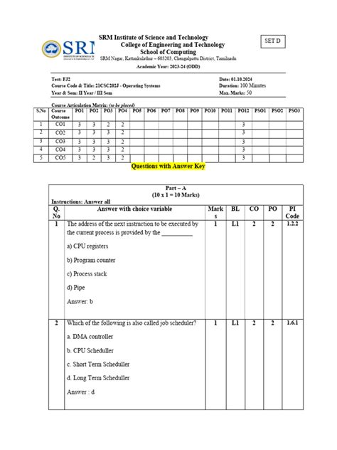 Set D Answer Key Pdf Process Computing Computers