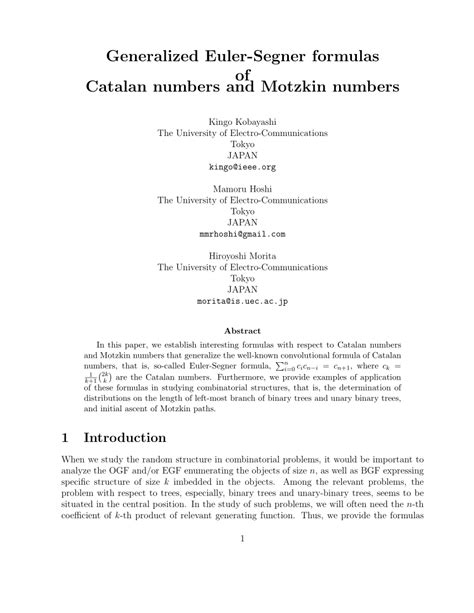 Pdf Generalized Euler Segner Formulas Of Catalan Numbers And Motzkin Numbers
