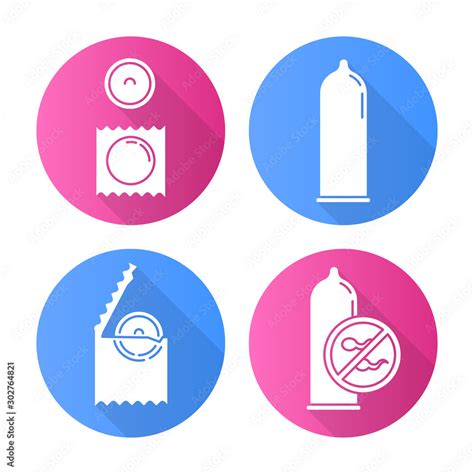Contraceptive Flat Design Long Shadow Glyph Icons Set Safe Sex Male Condom In Package