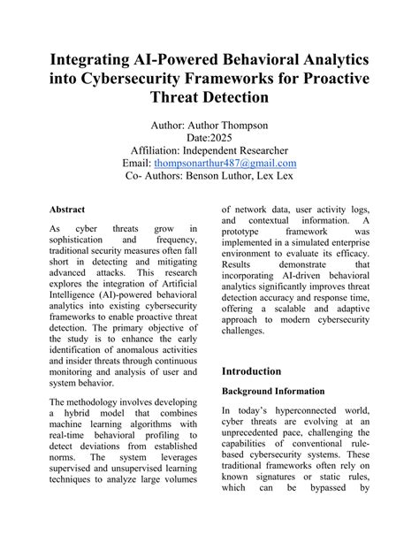 Pdf Integrating Ai Powered Behavioral Analytics Into Cybersecurity Frameworks For Proactive