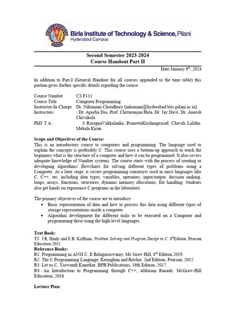 Cs F111 Course Handout 2023 24 Nikumani Pdf Algorithms