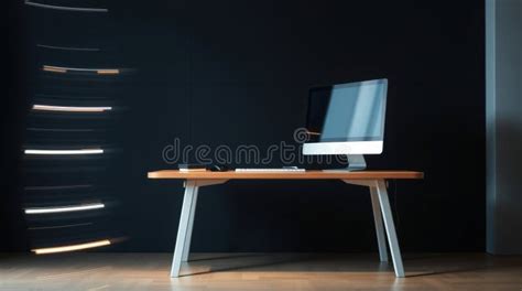Modern Workspace Design Features Sleek Computer Setup Against A Dark Wall Stock Illustration