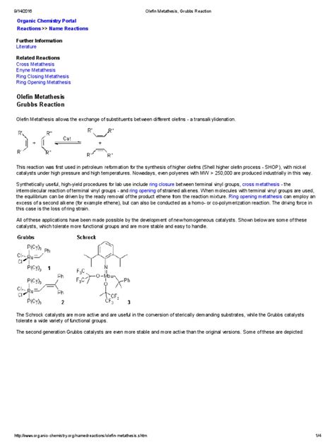 Olefin Metathesis Grubbs Reaction Pdf Alkene Chemical Reactions