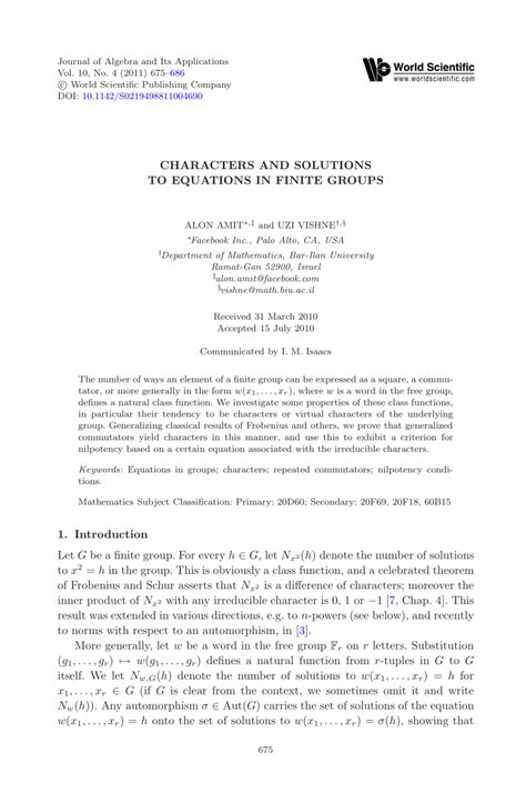 Pdf Characters And Solutions To Equations In Finite Groups
