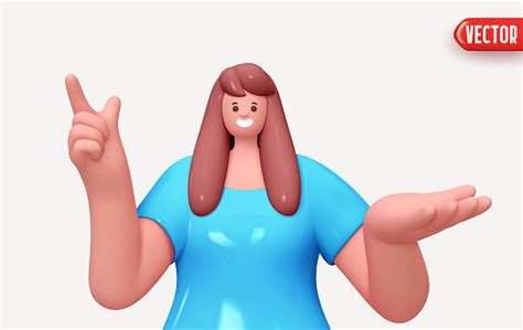 행복한 쾌활한 청녀는 손바닥을 벌리고 손가락을 위로 향합니다 캐주얼 한 옷을 입은 어린 잘 생긴 소녀가 손을 벌려 보여줍니다 현실적인 만화 캐릭터 긍정적 인 3d 사람들을