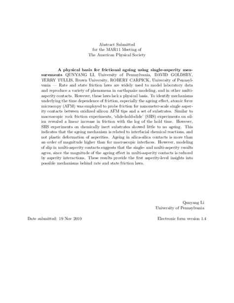 Pdf A Physical Basis For Frictional Ageing Using Single Asperity